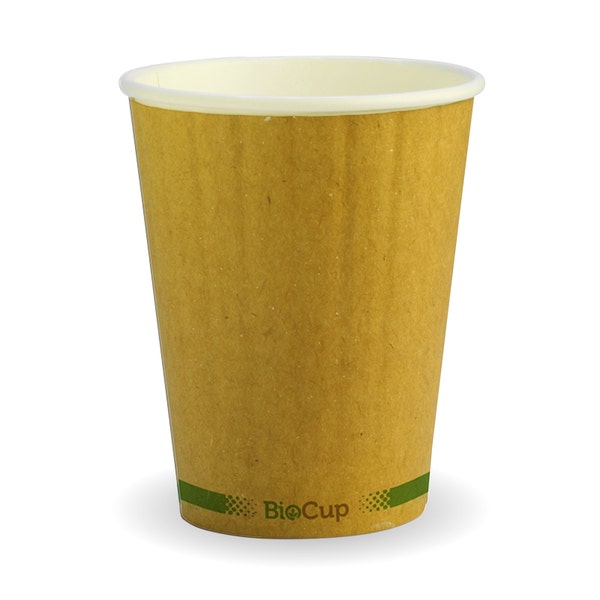 BioPak 390ml / 12oz (90mm) Kraft Green Stripe Double Wall BioCup - (Pa
